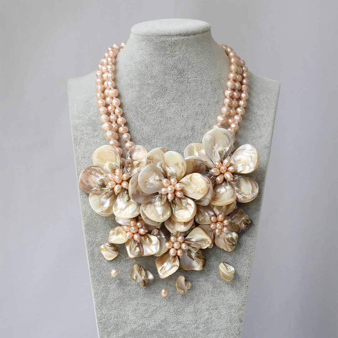Natural Shell Flower Necklace Pink Pearl Necklace Choker Necklace ...