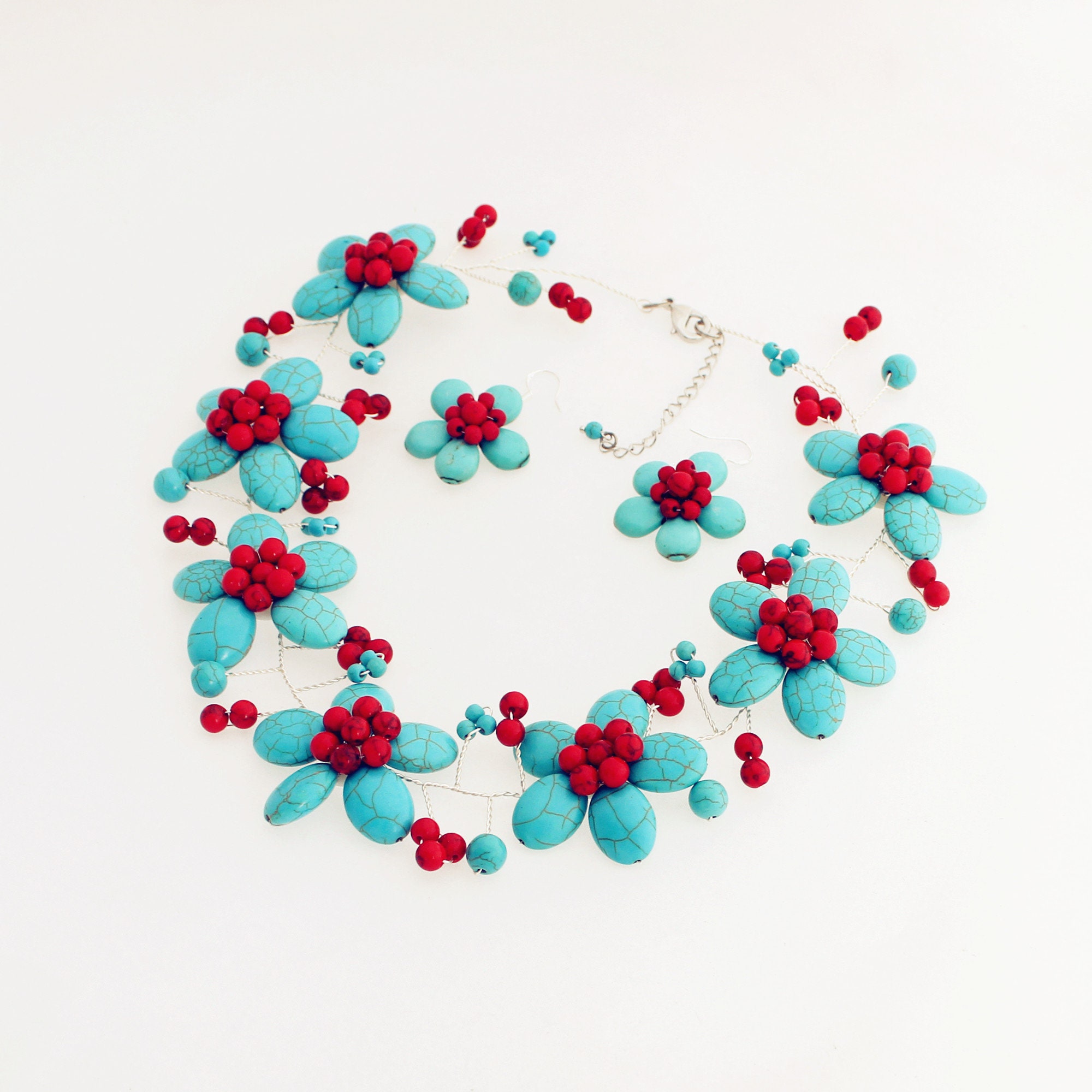 Turquoise Necklace Handmade Turquoise Flower Earrings set | Etsy