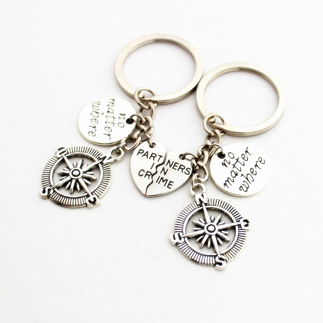 Set of 2 Keychains Partners in Crime Keychain, BFF Gift, Compass ...