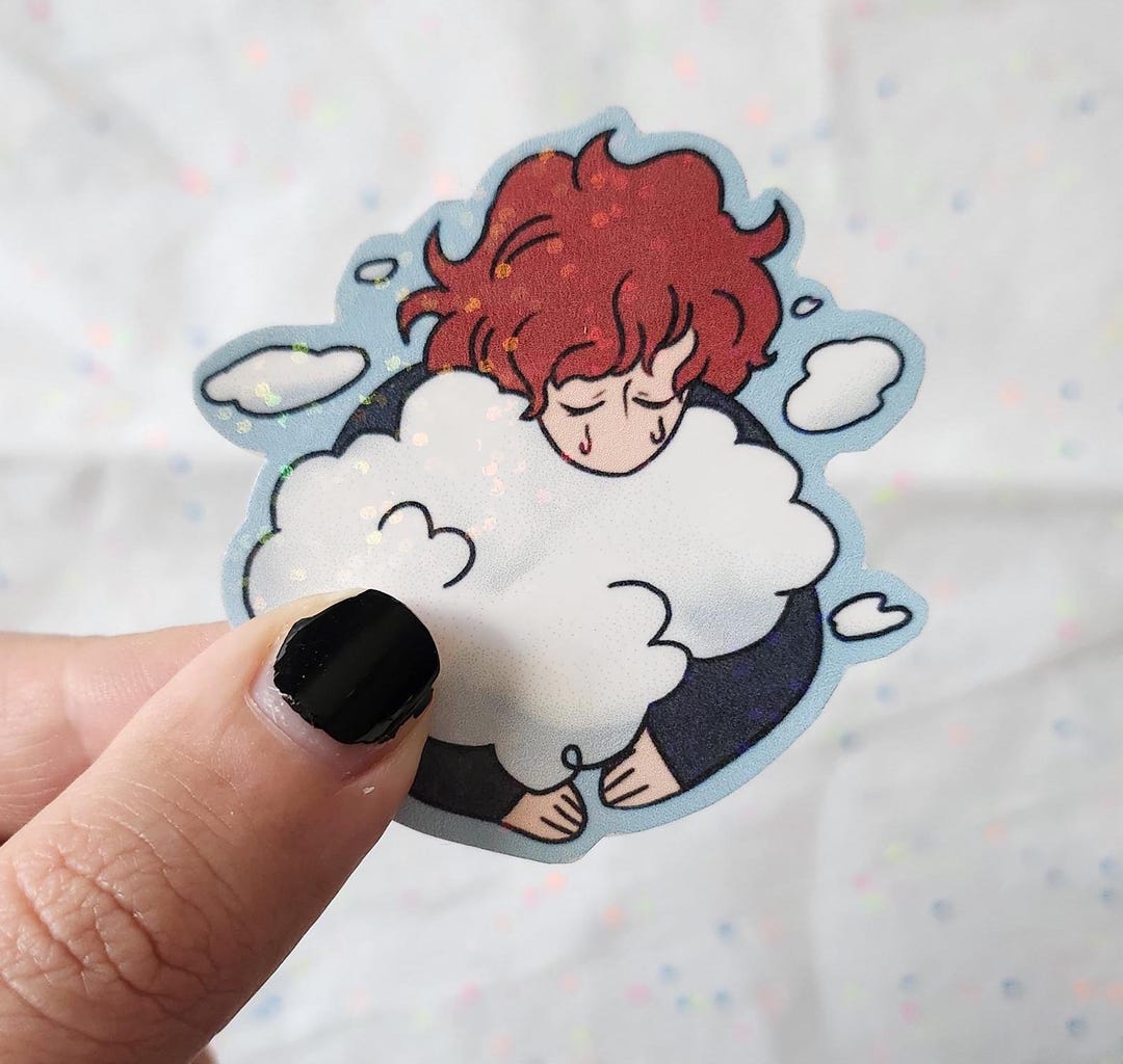 Sad Girl Hugging Cloud Sticker | Cute Sparkly Sticker for Decorating ...