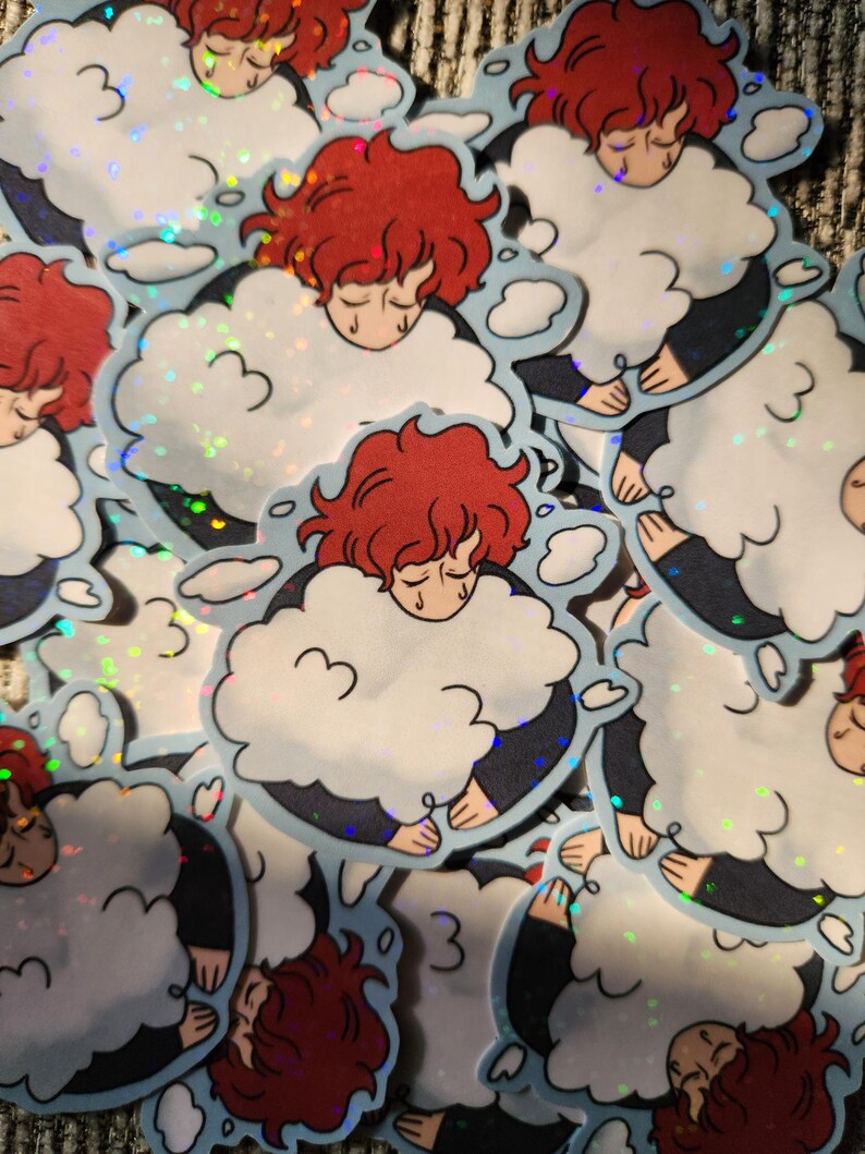 Sad Girl Hugging Cloud Sticker | Cute Sparkly Sticker for Decorating ...