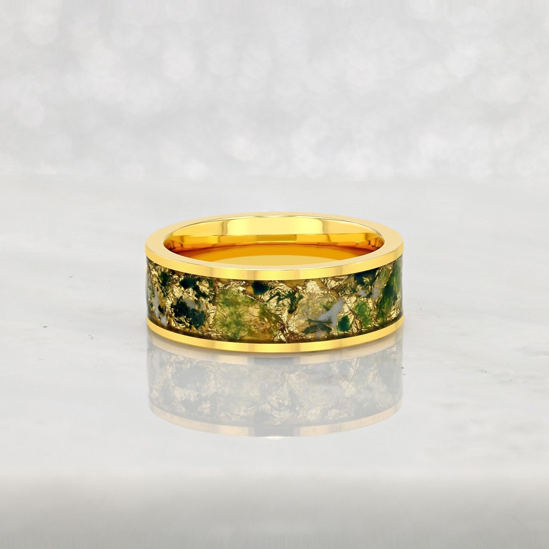 Agate Sea Moss Jewelry, Gold Flakes, 18K Gold Plated, Tungsten Carbide ...