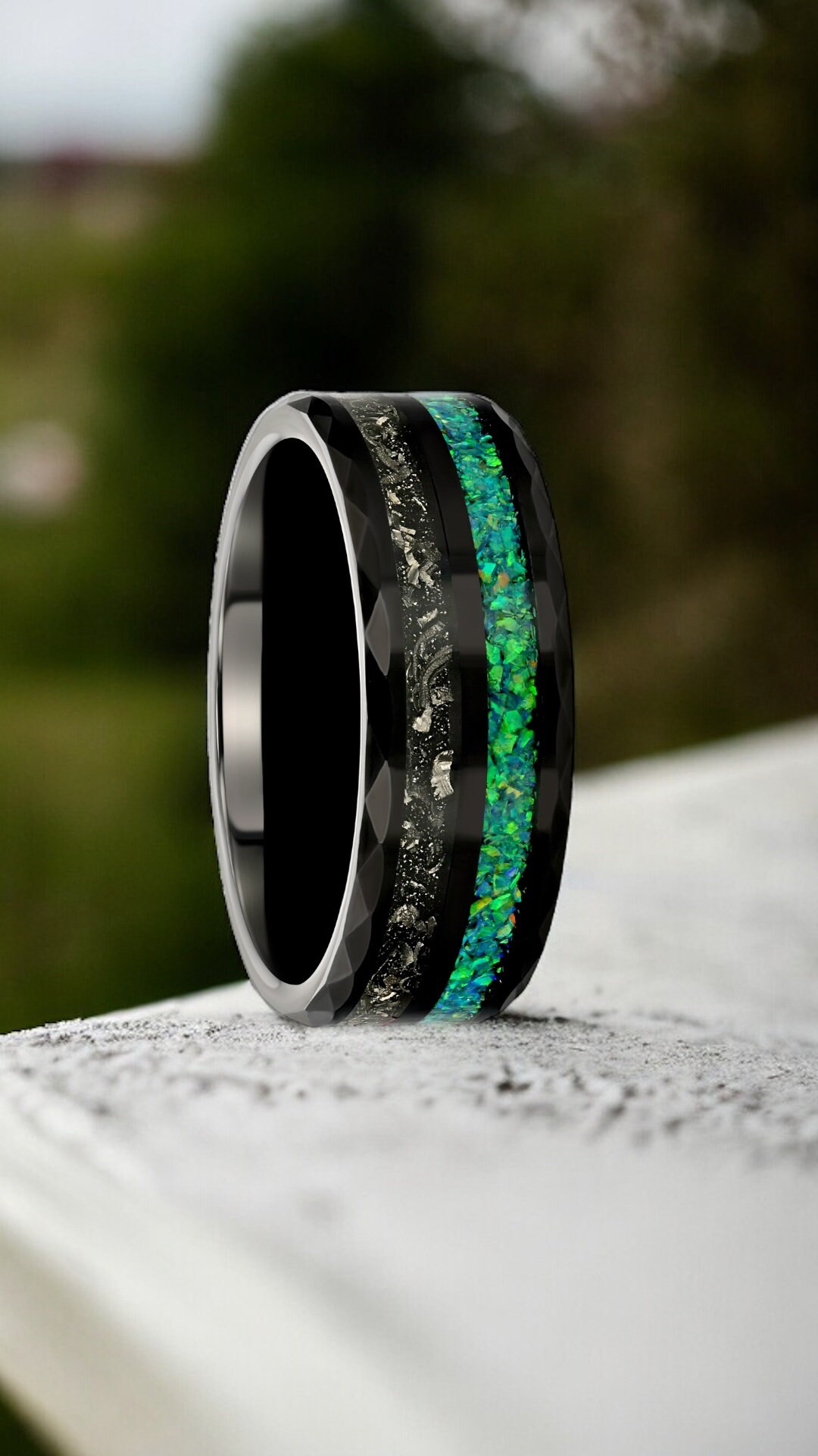 8mm Meteorite Wedding Ring, Crushed Green Opal, Black Hammered Tungsten ...