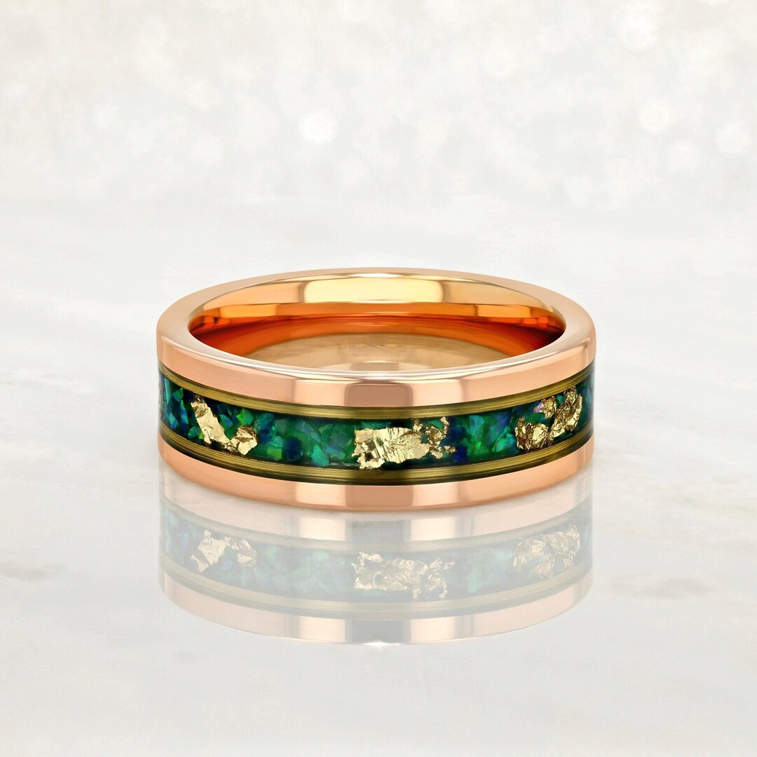 Rose Gold Tungsten Ring: Green Opal & Gold Leaf Inlay (8mm) - Etsy