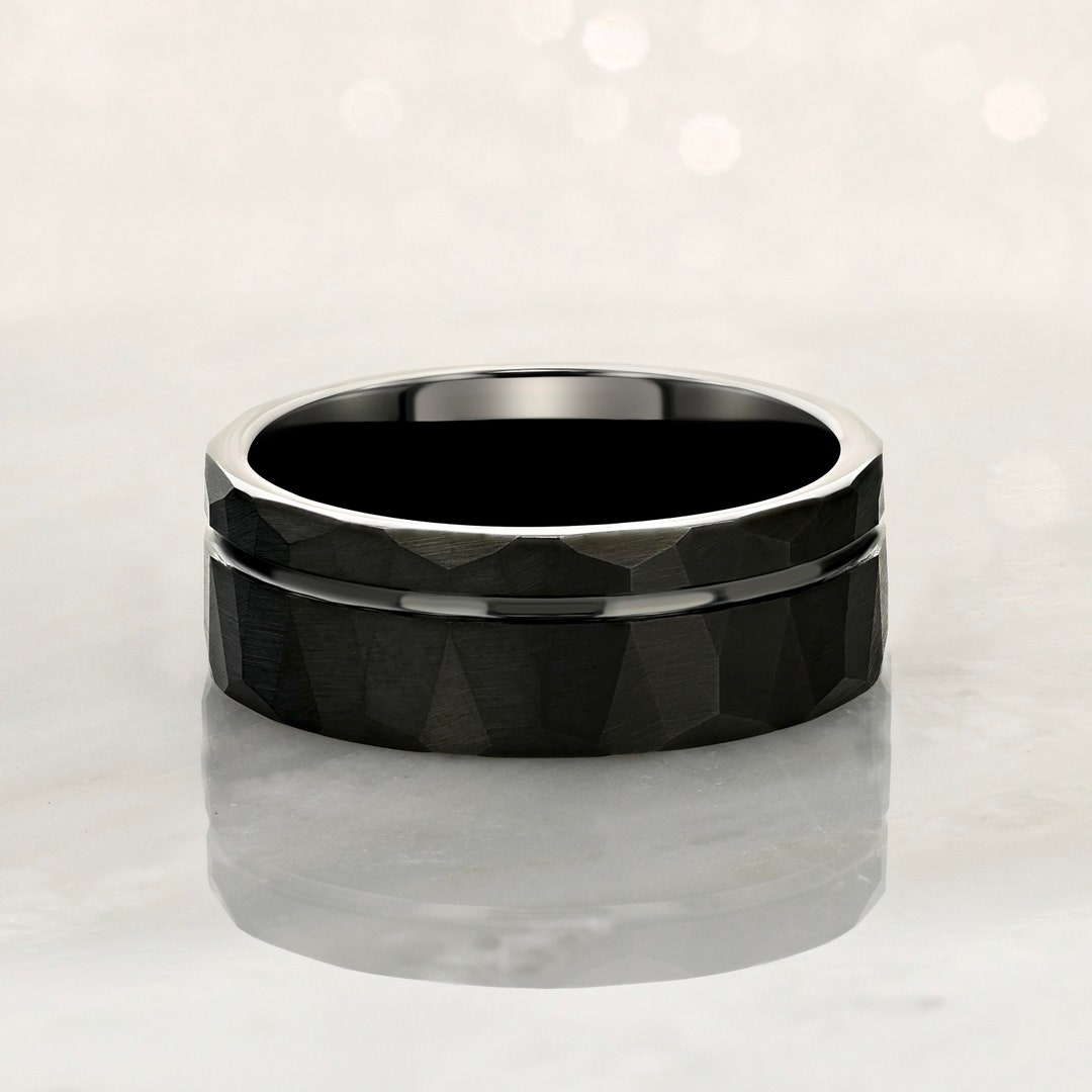 ECLIPSE Tungsten Carbide Black Hammered Ring 8mm W/ Asymmetrical Solid ...