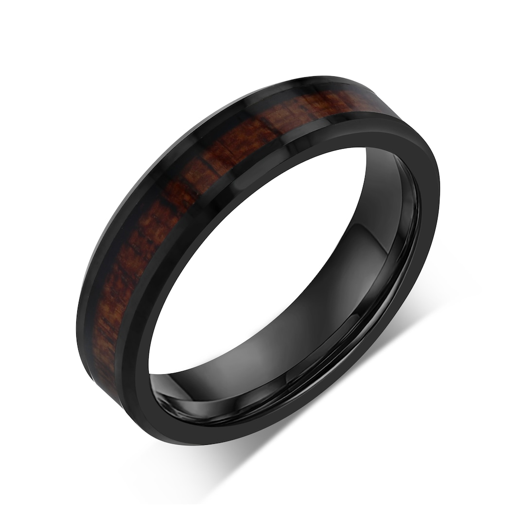 ELEMENTAL - Tungsten Carbide Black Ring 6mm W/ Koa Wood - Etsy