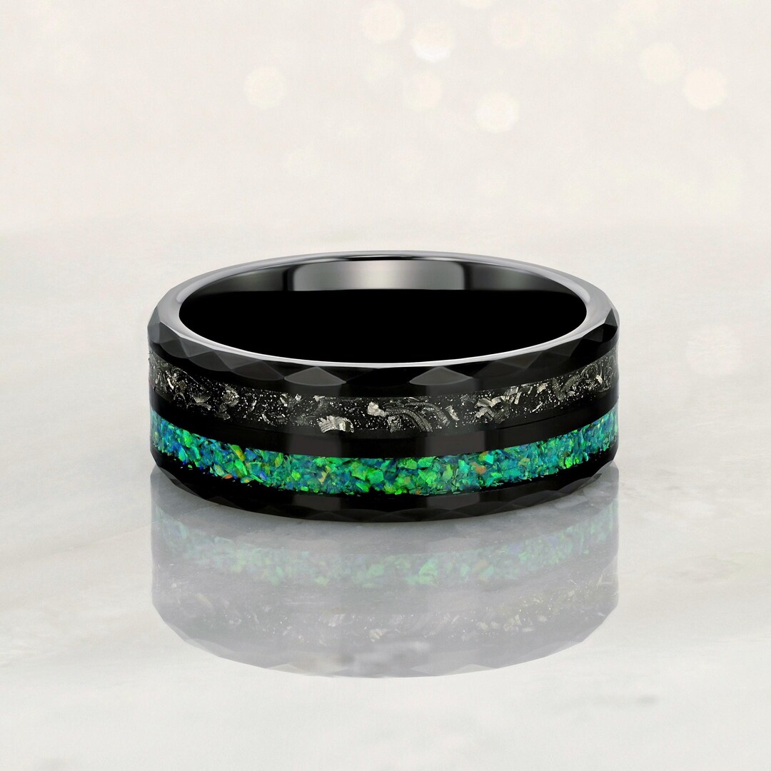 Meteorite & Crushed Green Opal Tungsten Carbide Black Ring - Etsy