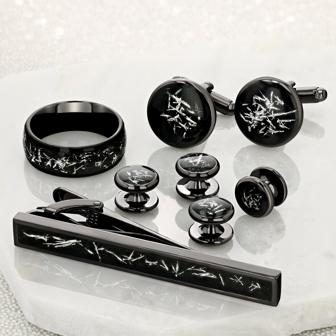 Black Tungsten Ring Set: Meteorite Dust, Cufflinks, Tie Bar - Etsy
