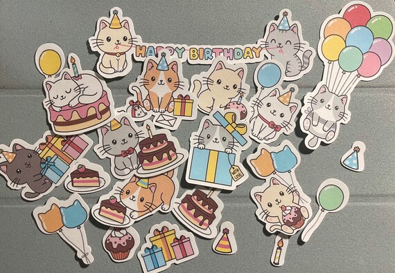 Happy Birthday Cat Sticker Pack Cute Fun Stickers | Etsy