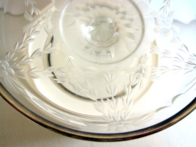Vintage Etched Glass Compote With Sterling Silver Trim, Pedestal ...