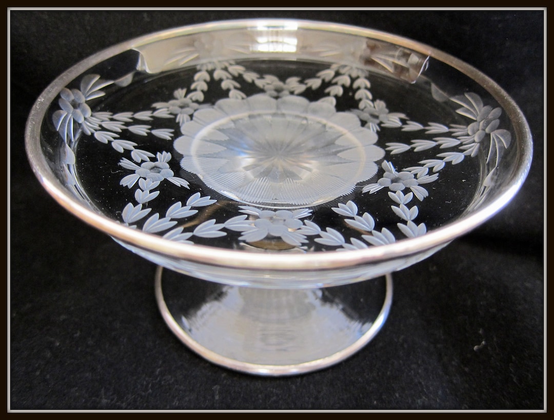 Vintage Etched Glass Compote With Sterling Silver Trim, Pedestal ...