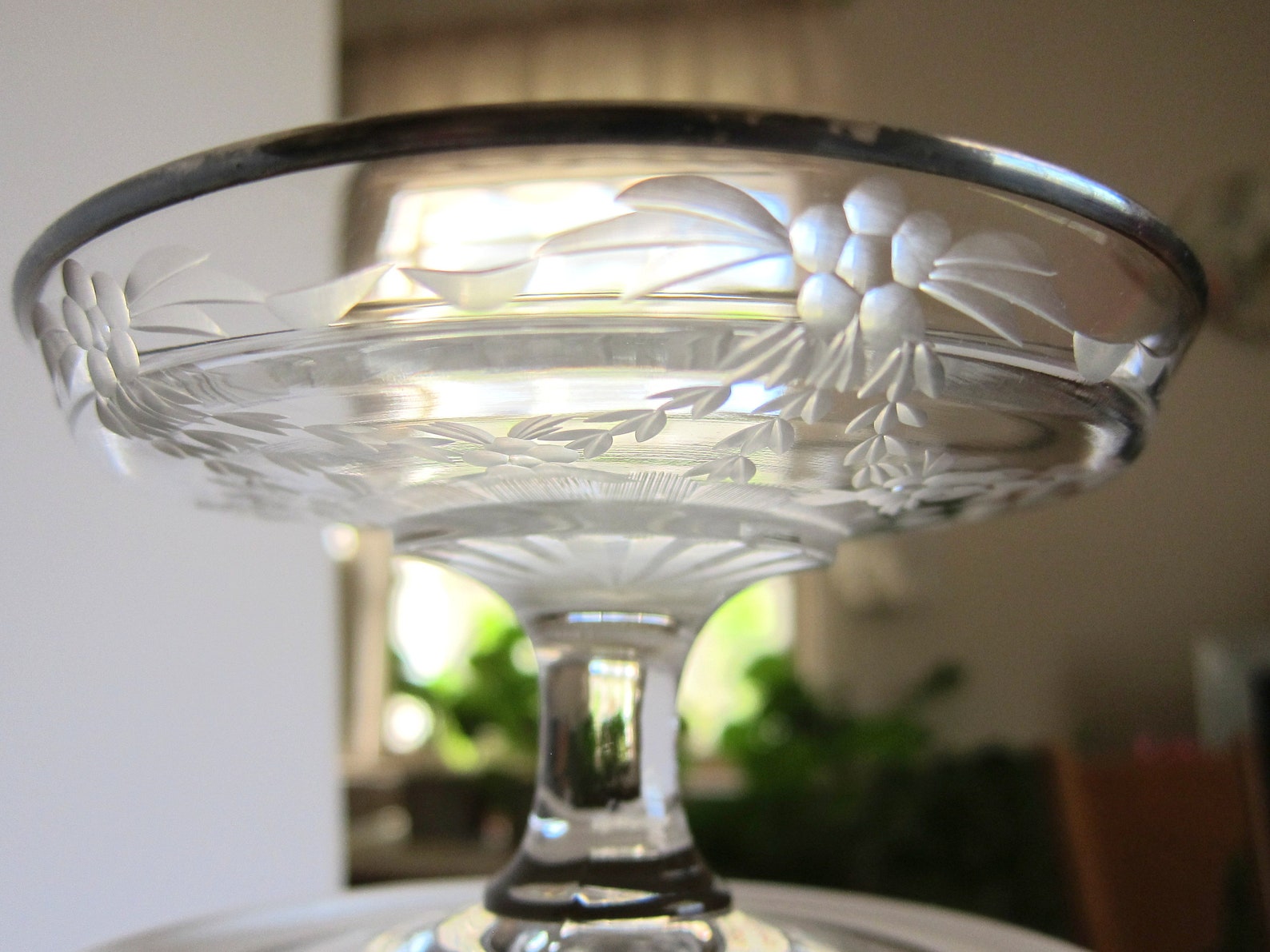Vintage Etched Glass Compote With Sterling Silver Trim, Pedestal ...