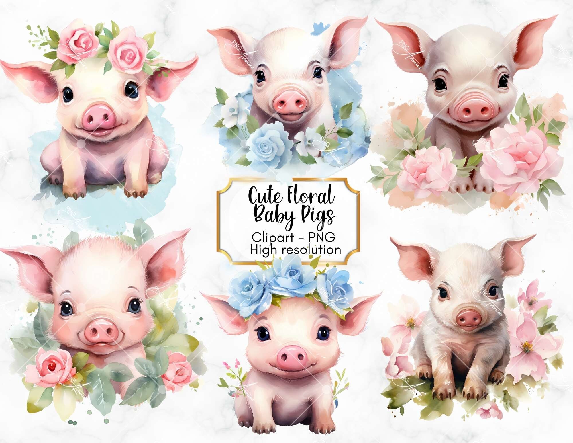 Floral Piglet Clipart, PNG Files, Adorable Baby Pigs, PNG Digital ...