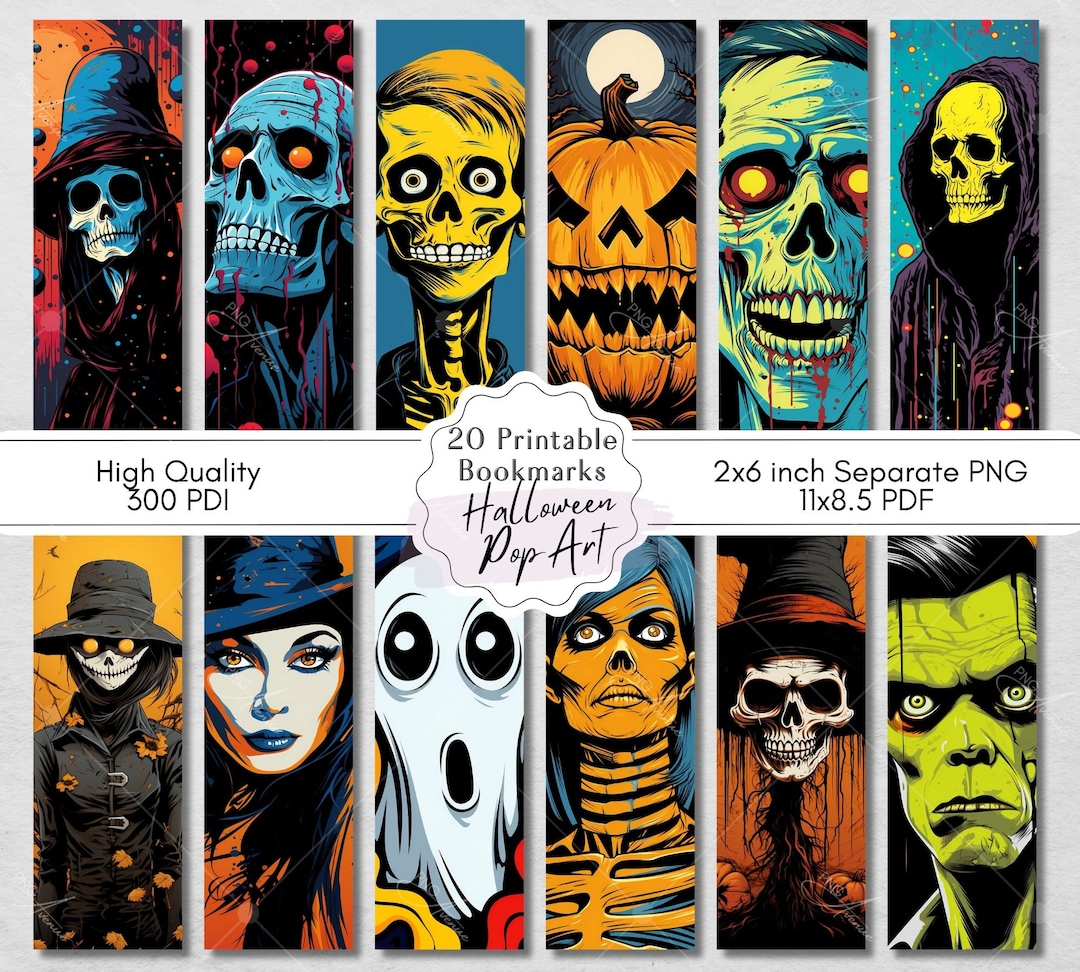 20 Halloween Pop Art Printable Bookmarks, Colorful Designs, Digital ...
