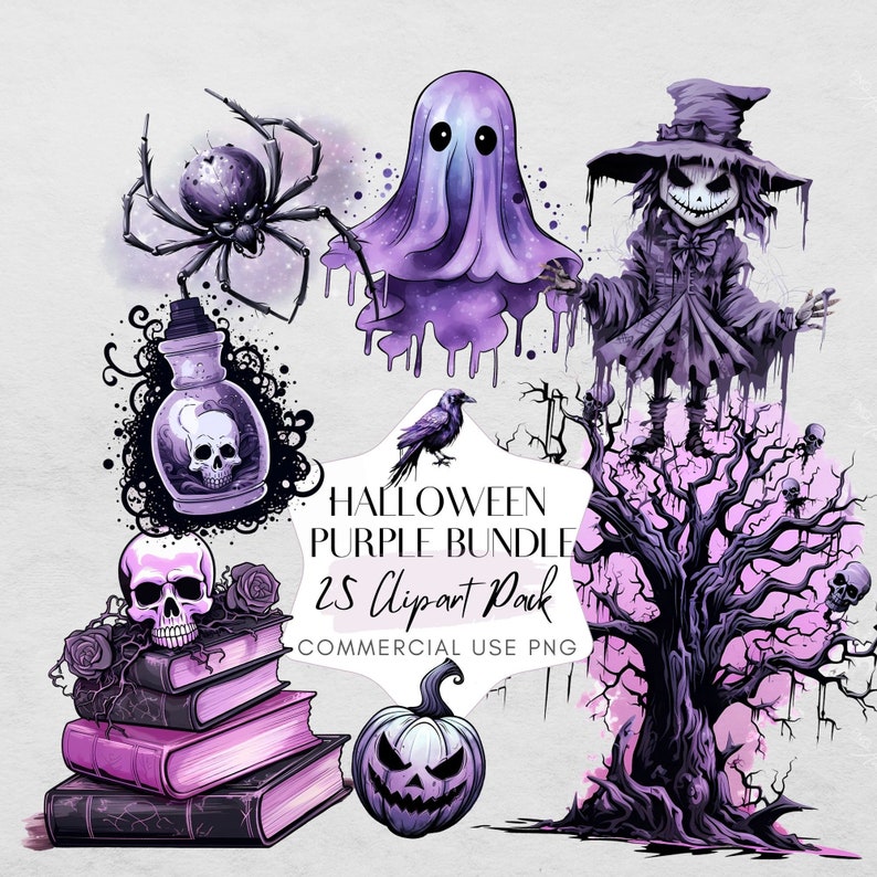 Spooky Purple Halloween Clipart Bundle, 24 Pngs, Transparent Background ...