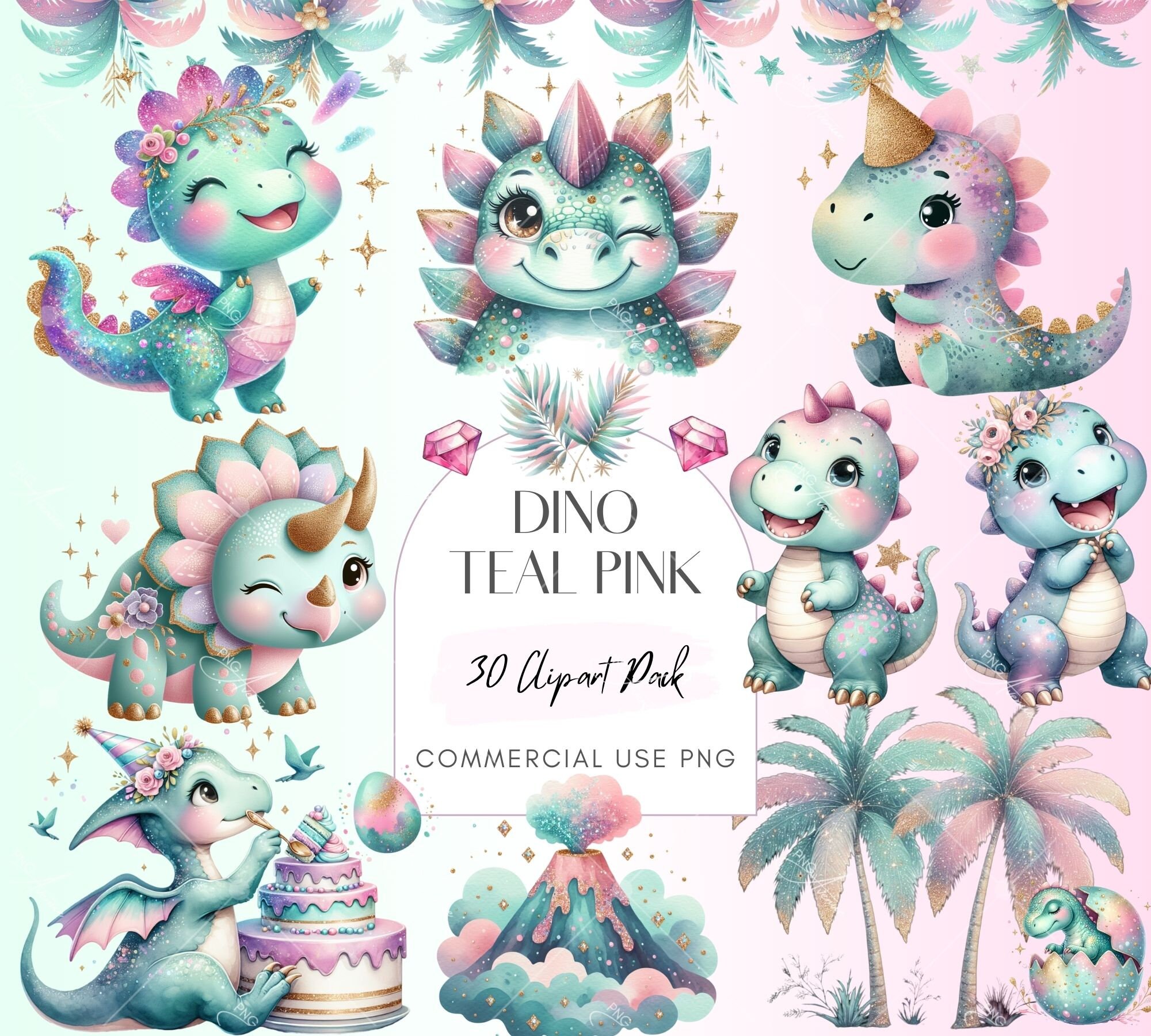 Dino Teal Pink Clipart, Cute Dinosaur Party Png's, Dino Clip Art ...