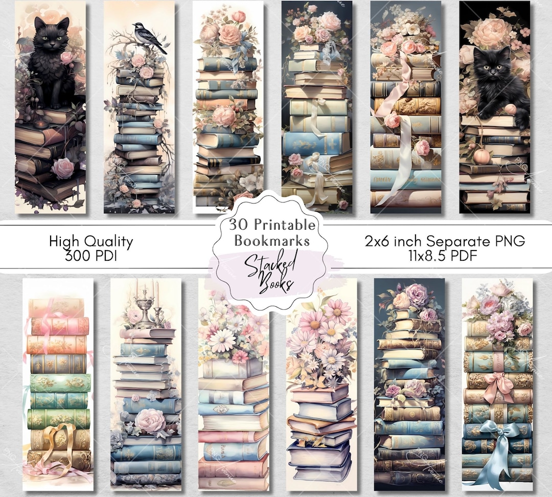 Stacked Books Printable Bookmarks, Book Lovers Designs, Digital Letter ...