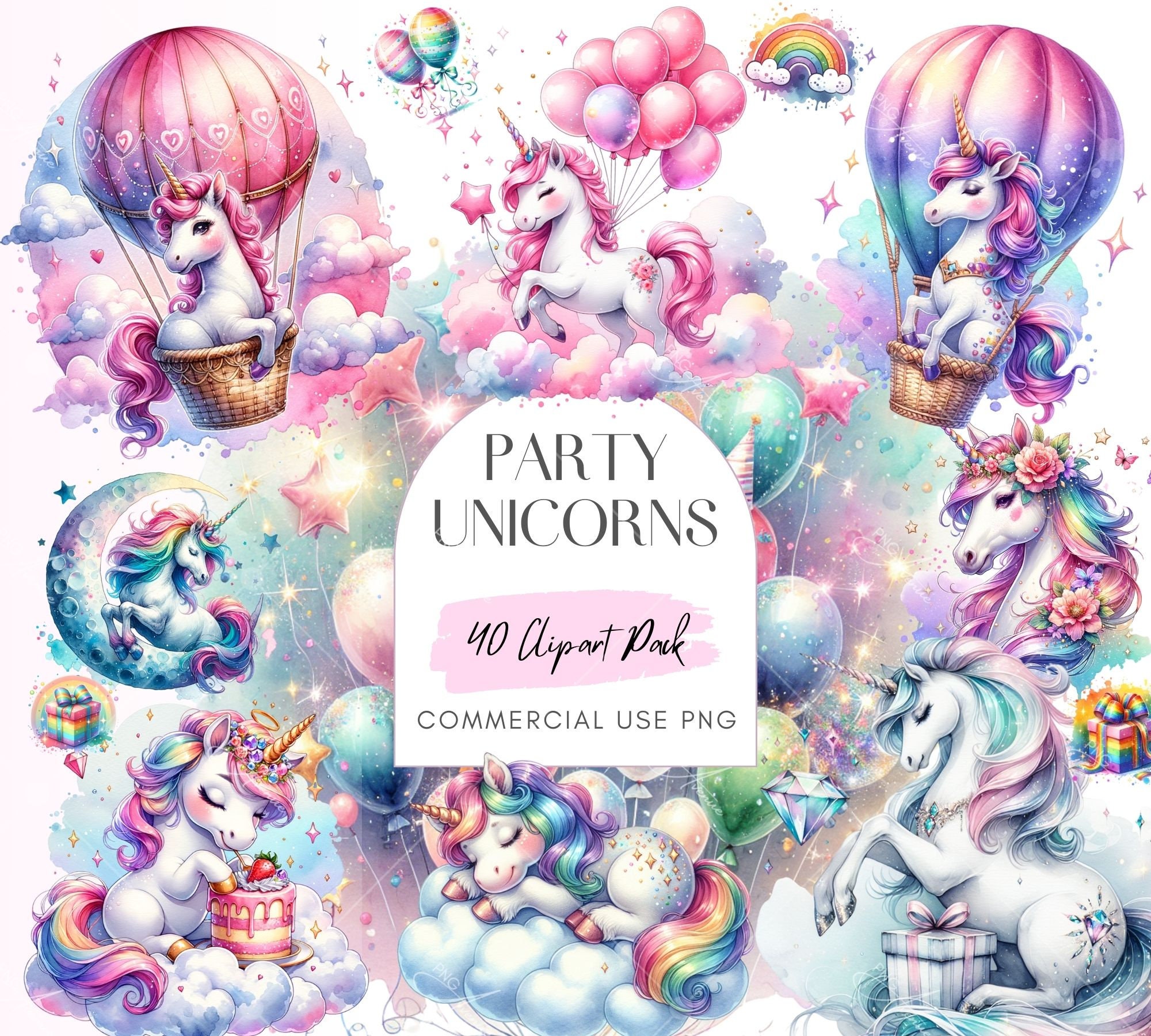 Party Time Unicorn Watercolor Clipart, Adorable Unicorns, Unicorn Png ...