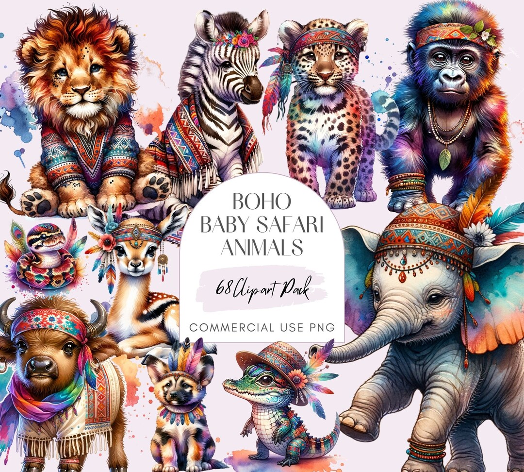 Boho Baby Safari Animals Watercolor PNG, Adorable Animal Clipart, Mega ...
