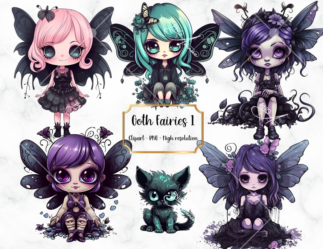 Creepy Cute Goth Fairies Clipart, 5 Goth PNG Fairies Bundle and Goth ...