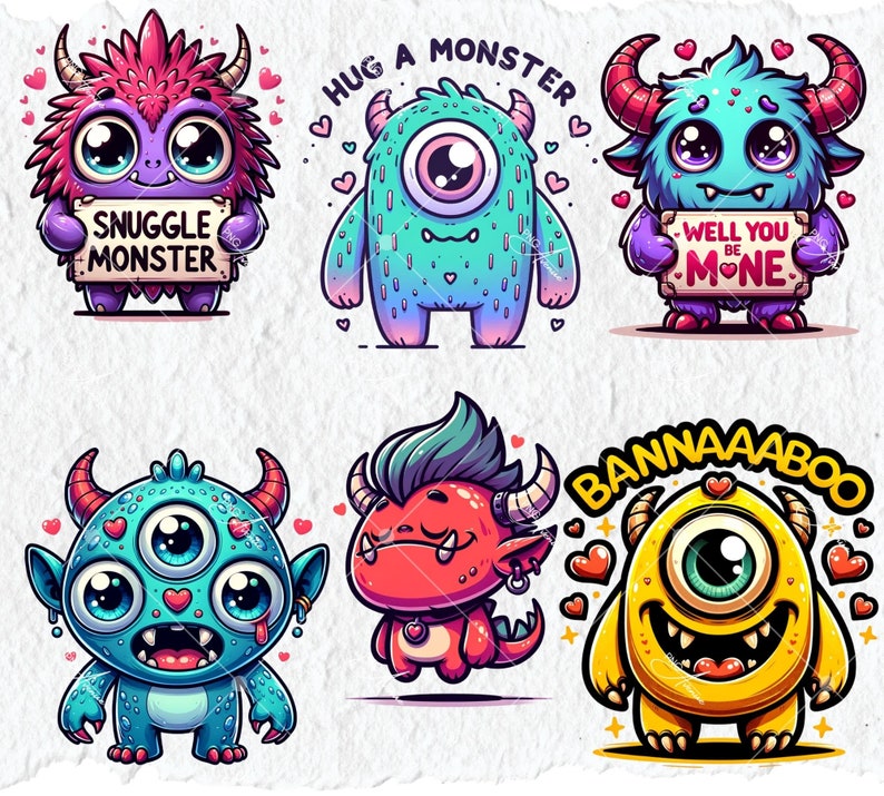 Monster Love Clipart, Cute Colorful Monsters PNG, Valentines Theme ...