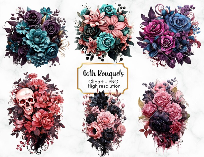 Goth Bouquet Clipart, PNG Files, Goth Bouquet of Flowers, PNG Digital ...