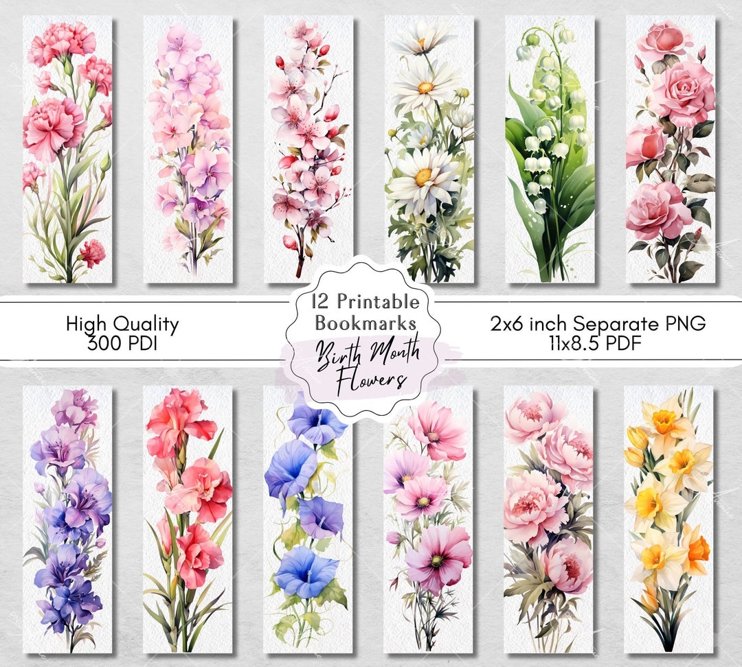 Birth Month Flower Printable Bookmarks, 12 Birth Flower Designs, Letter ...