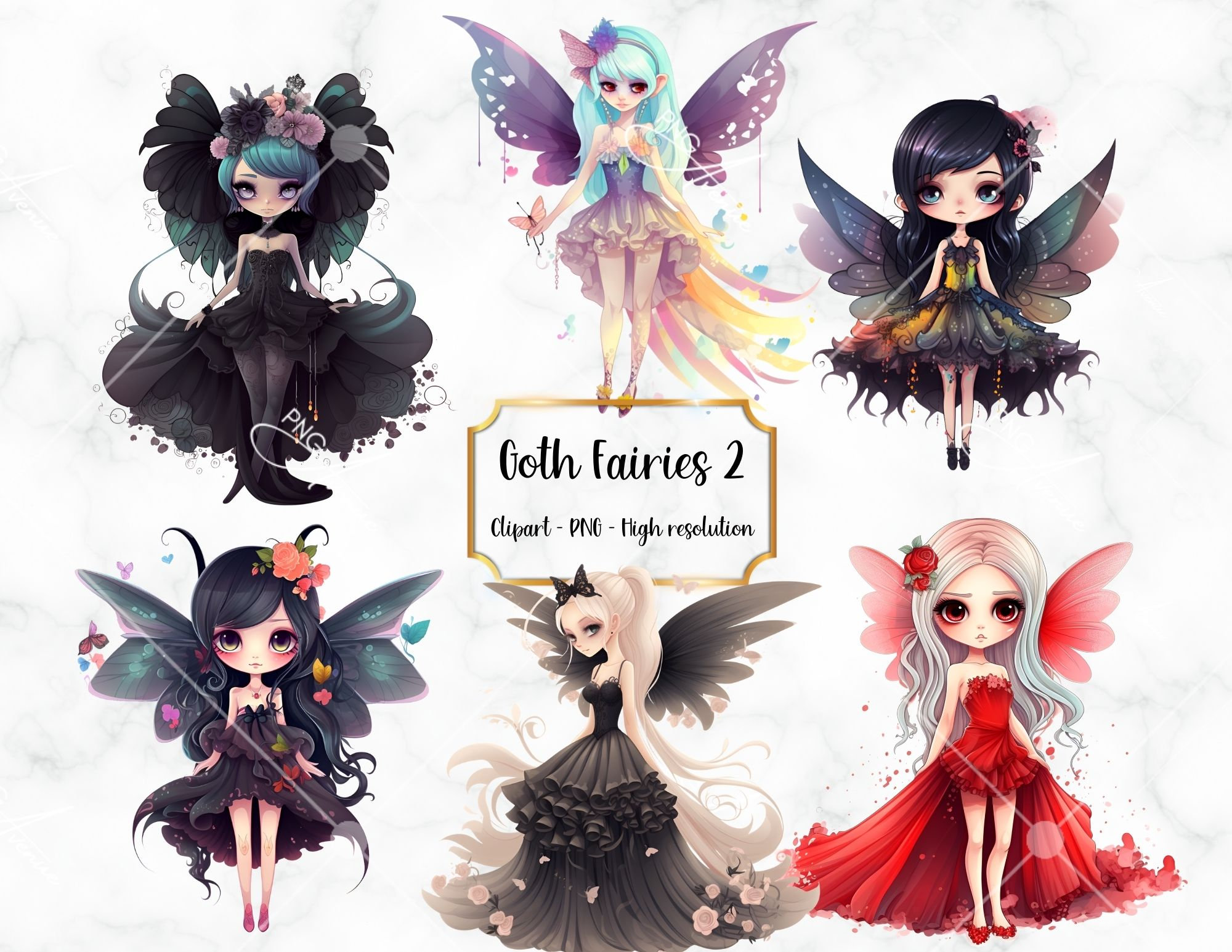 Cute Creepy Goth Fairies Clipart, 6 Goth Fairies PNG, Bundle, Fantasy ...