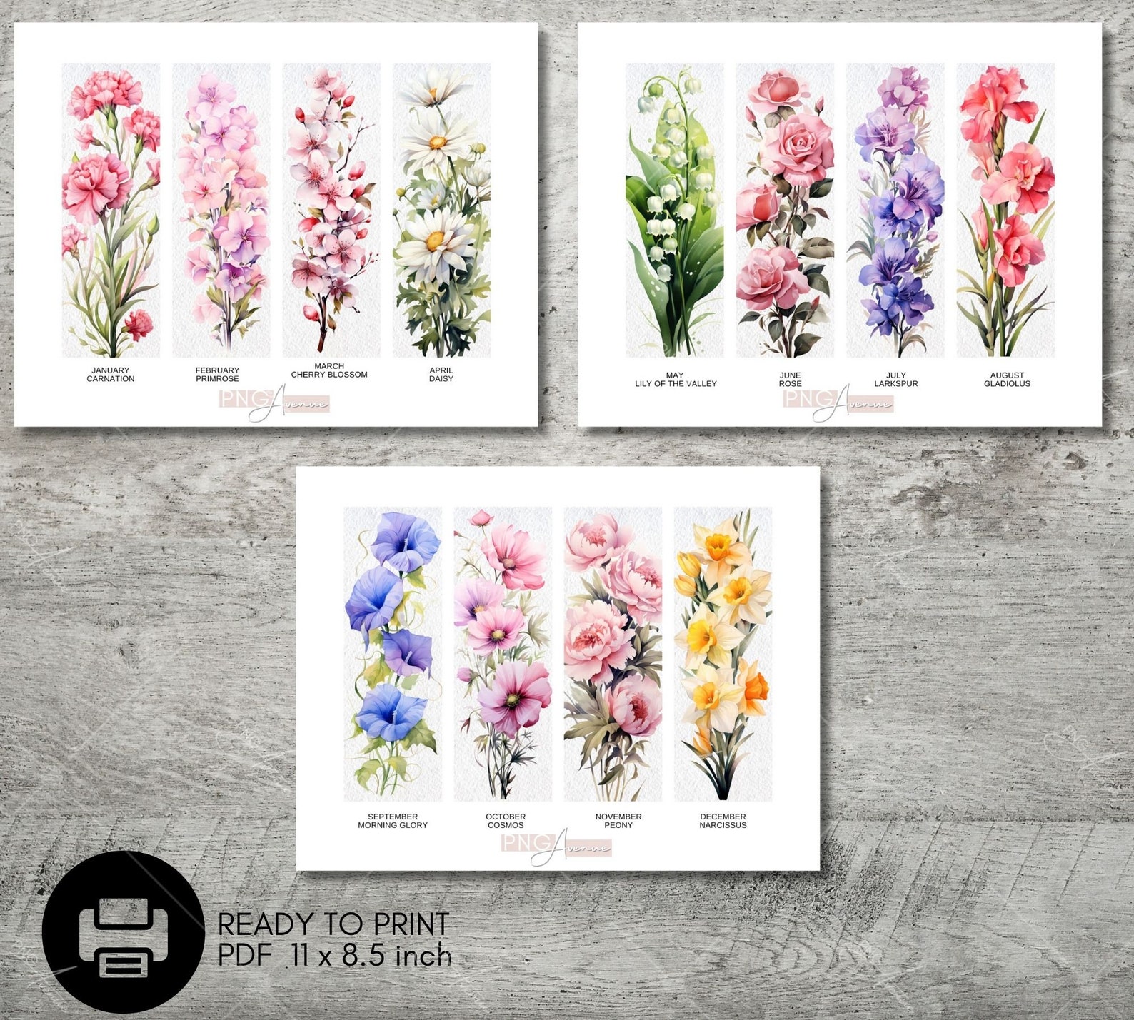 Birth Month Flower Printable Bookmarks, 12 Birth Flower Designs, Letter ...