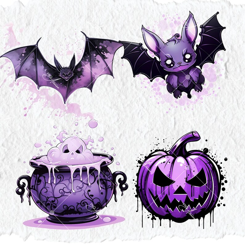 Spooky Purple Halloween Clipart Bundle, 24 Pngs, Transparent Background ...