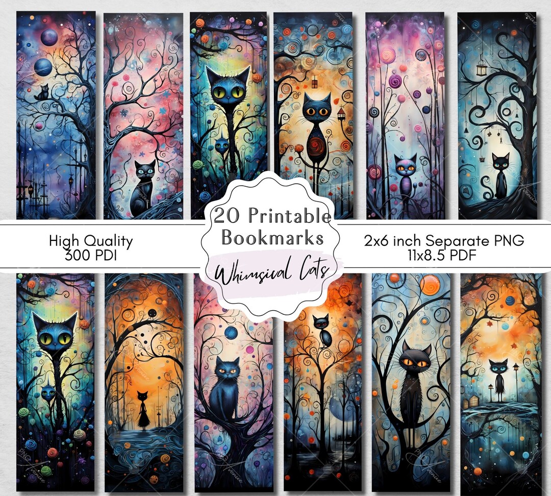 20 Whimsical Kitty Printable Bookmarks, Gothic Cute Designs, Digital ...