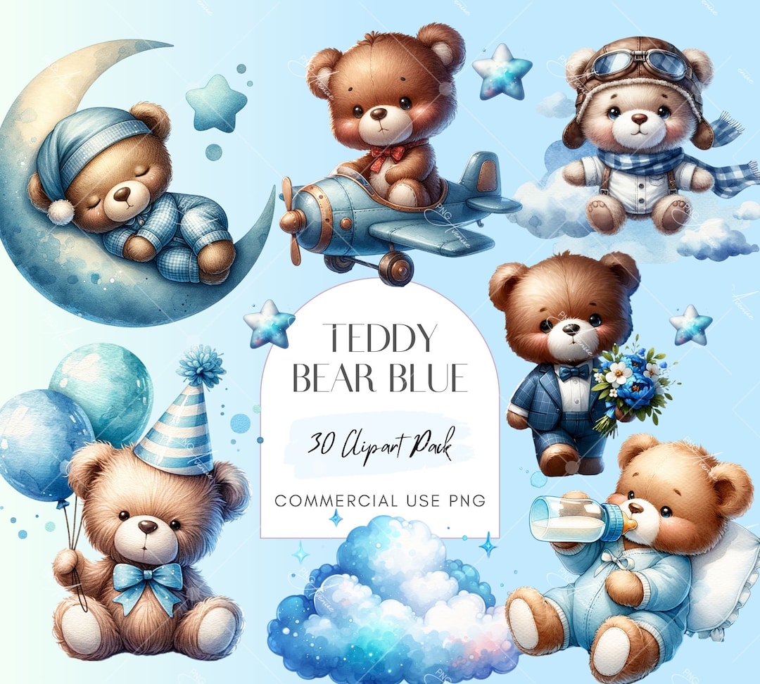 Watercolor Teddy Bear Blue Clipart Bundle , Adorable Baby Shower for a ...