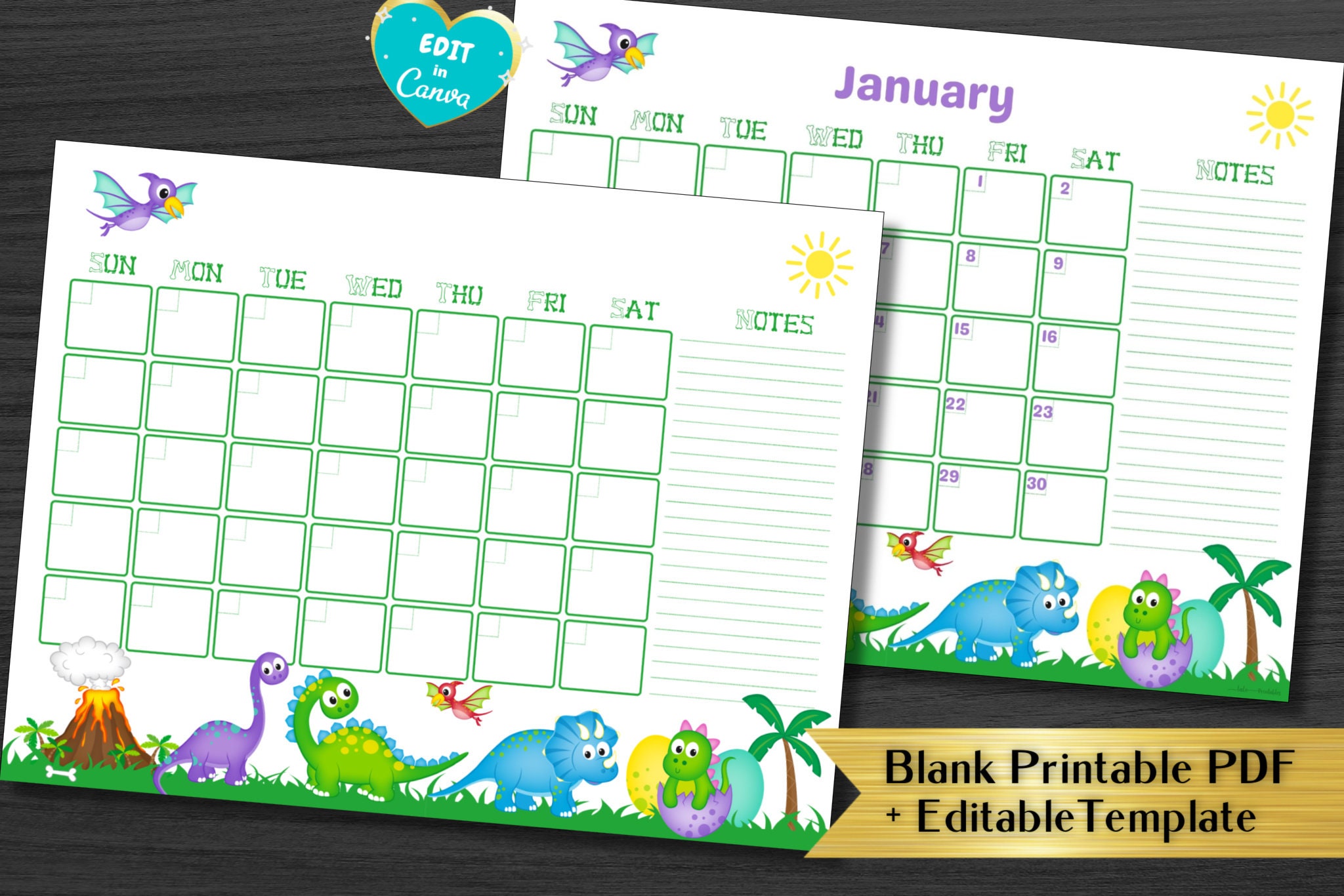 Blank Dinosaur Monthly Calendar Fill in the Month and Days | Etsy