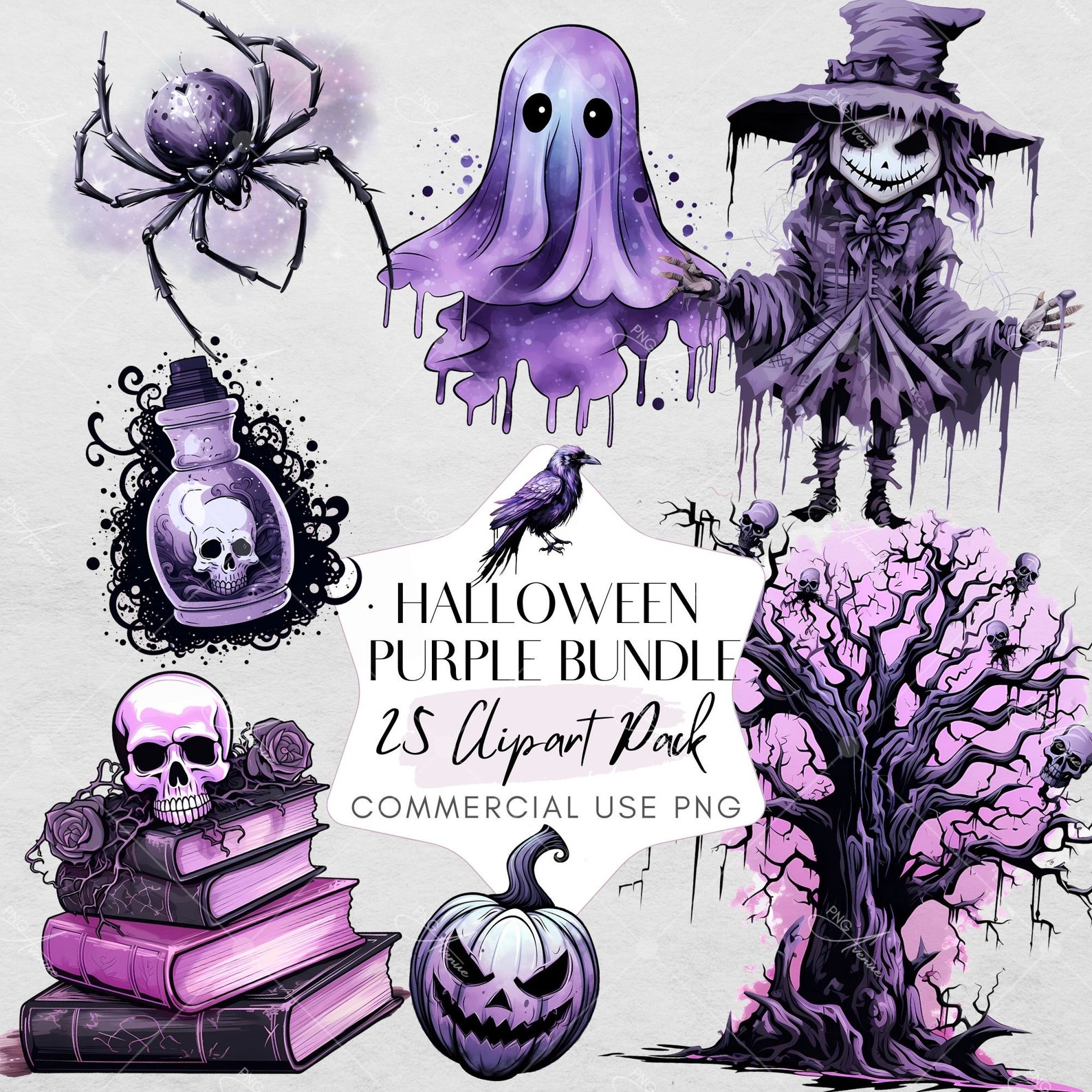 Spooky Purple Halloween Clipart Bundle, 24 Pngs, Transparent Background ...