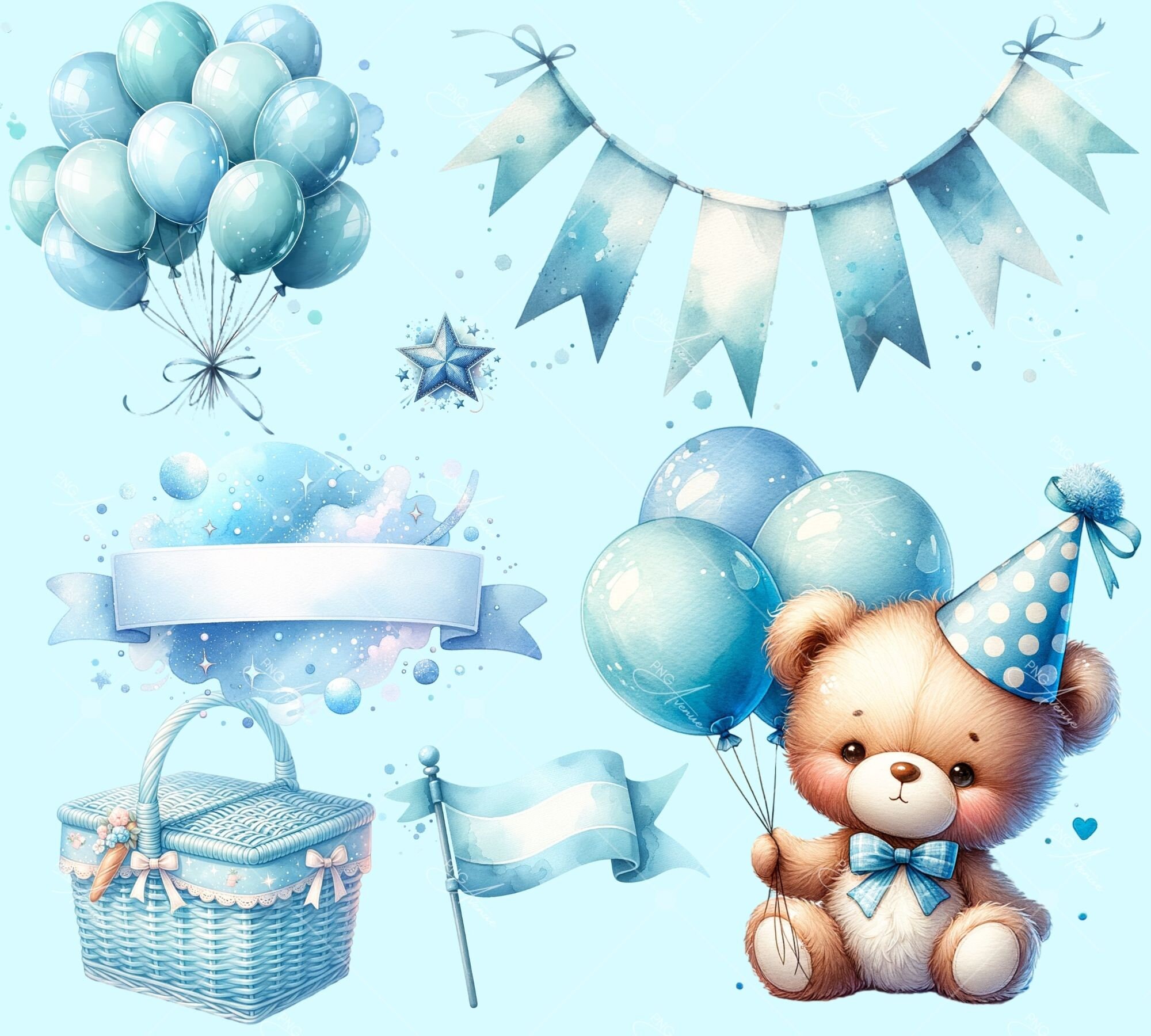 Watercolor Teddy Bear Blue Clipart Bundle , Adorable Baby Shower for a ...