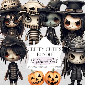 Creepy Cuties Halloween Clipart Bundle, 15 Spooky Characters PNG ...