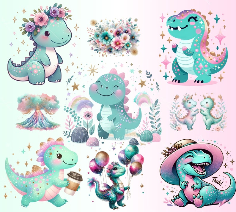 Dino Teal Pink Clipart, Cute Dinosaur Party Png's, Dino Clip Art ...