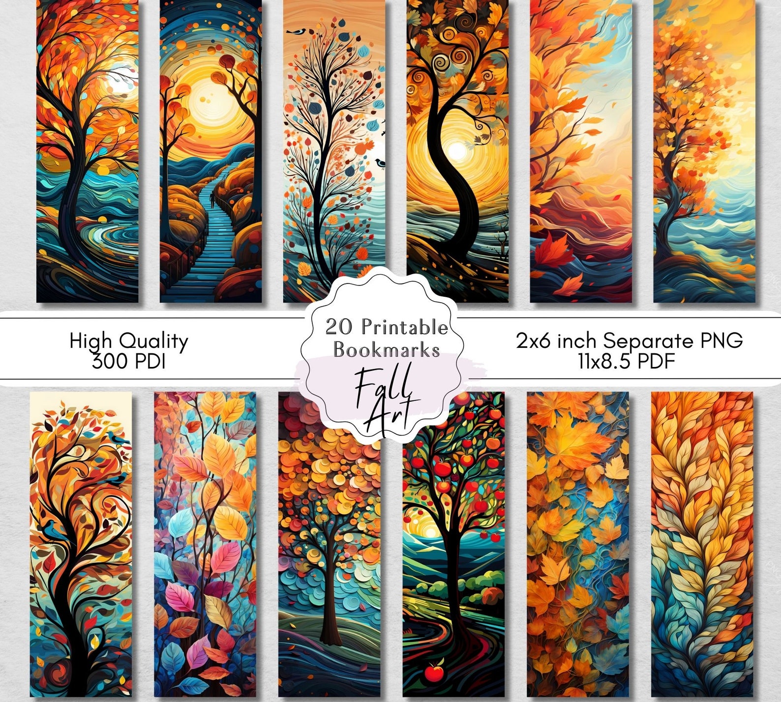 Fall Art Printable Bookmarks, Beautiful Autumn Designs, Digital ...