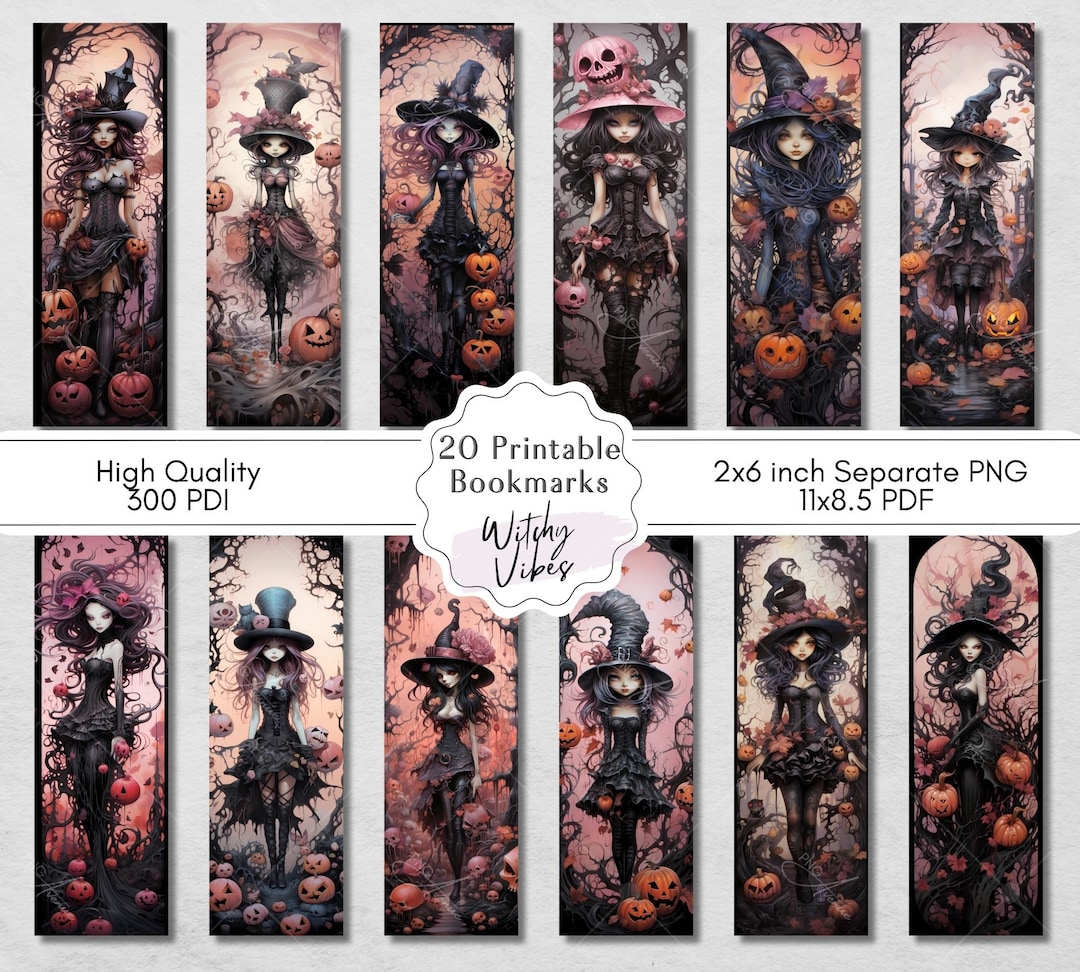 20 Witchy Vibes Printable Bookmarks, Cute Gothic Witch Designs, Digital ...