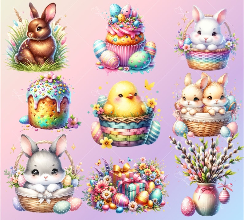Easter Bundle Clipart, Cute Bunnies, Easter Egg Basket, Decorative ...