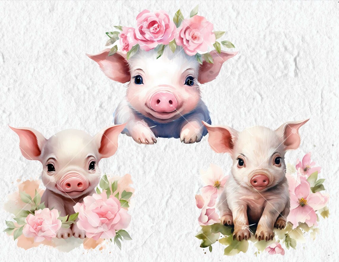 Floral Piglet Clipart PNG Files Adorable Baby Pigs PNG - Etsy