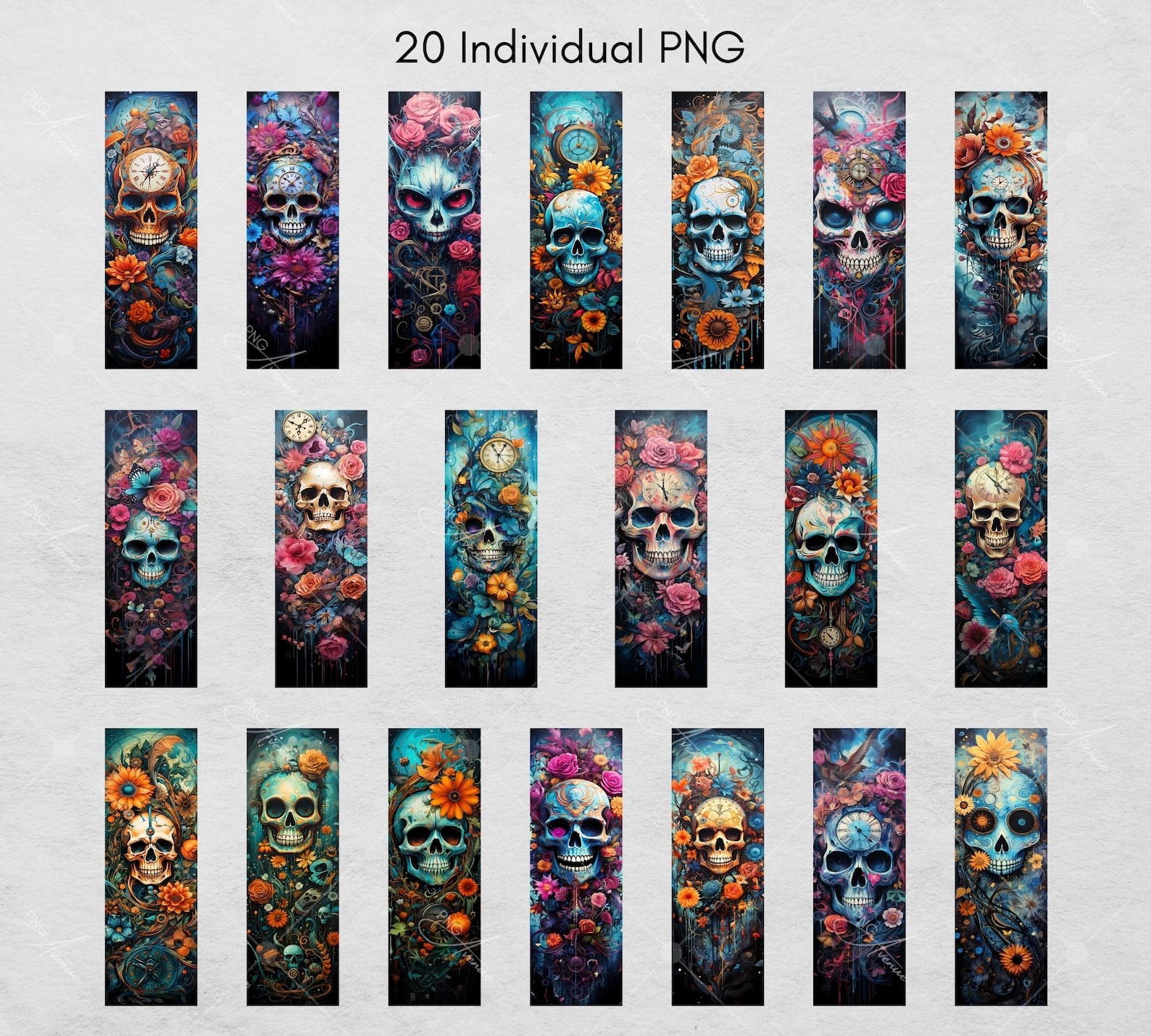 20 Vibrant Skull Printable Bookmarks, Cute Gothic Designs, Digital ...
