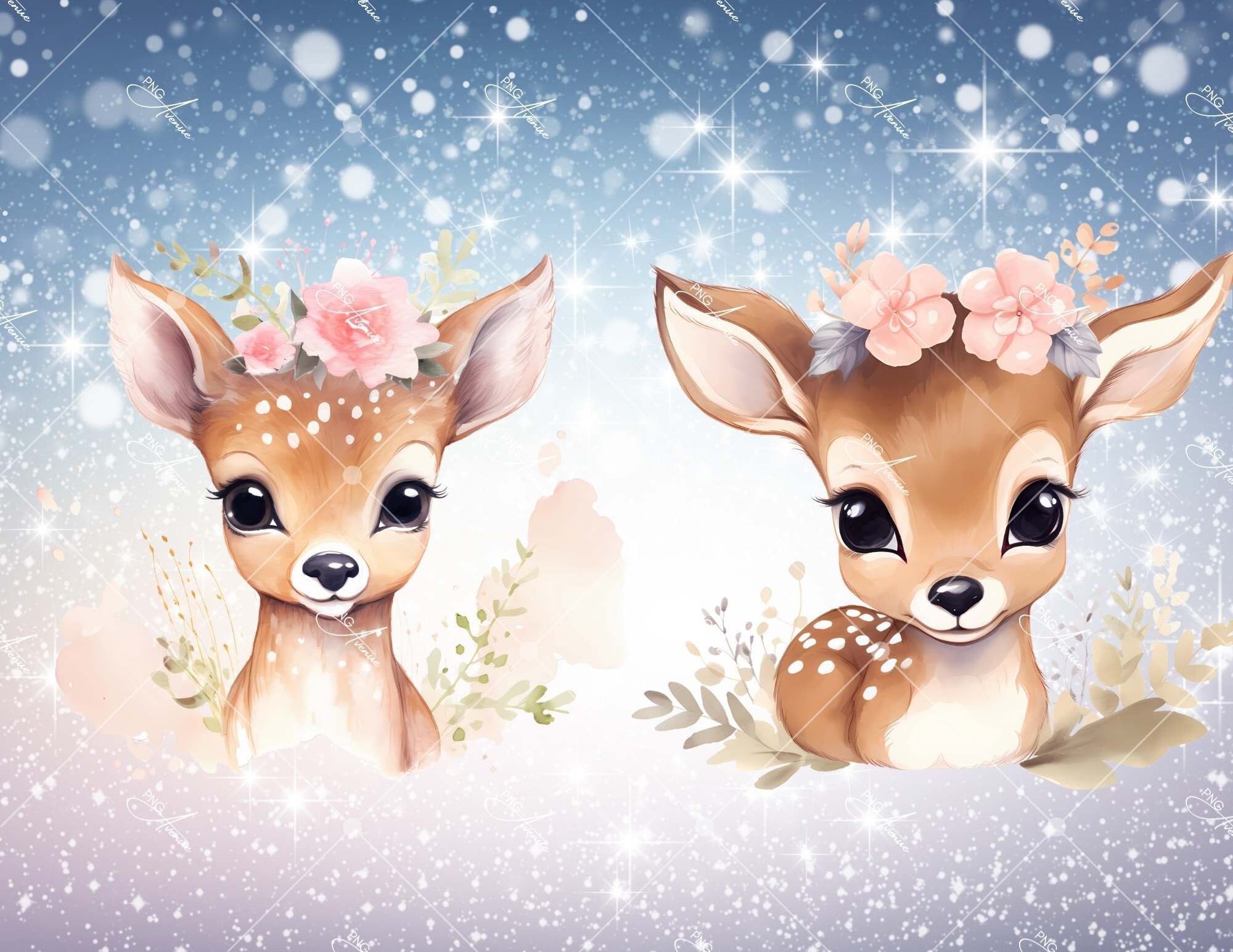 Cute Floral Deer Clipart, PNG Files, Adorable Baby Fawns, PNG Digital ...