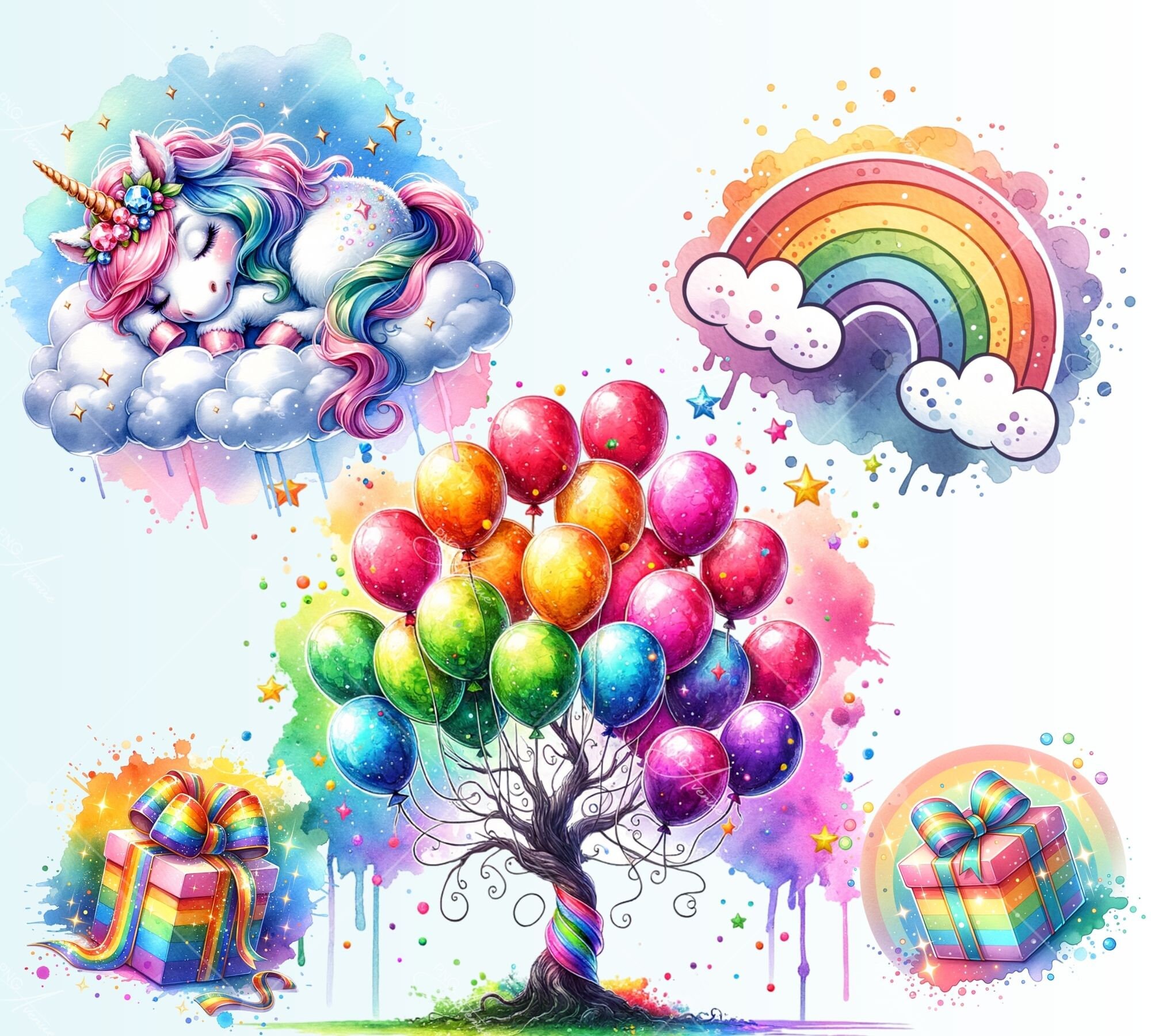Party Time Unicorn Watercolor Clipart, Adorable Unicorns, Unicorn Png ...