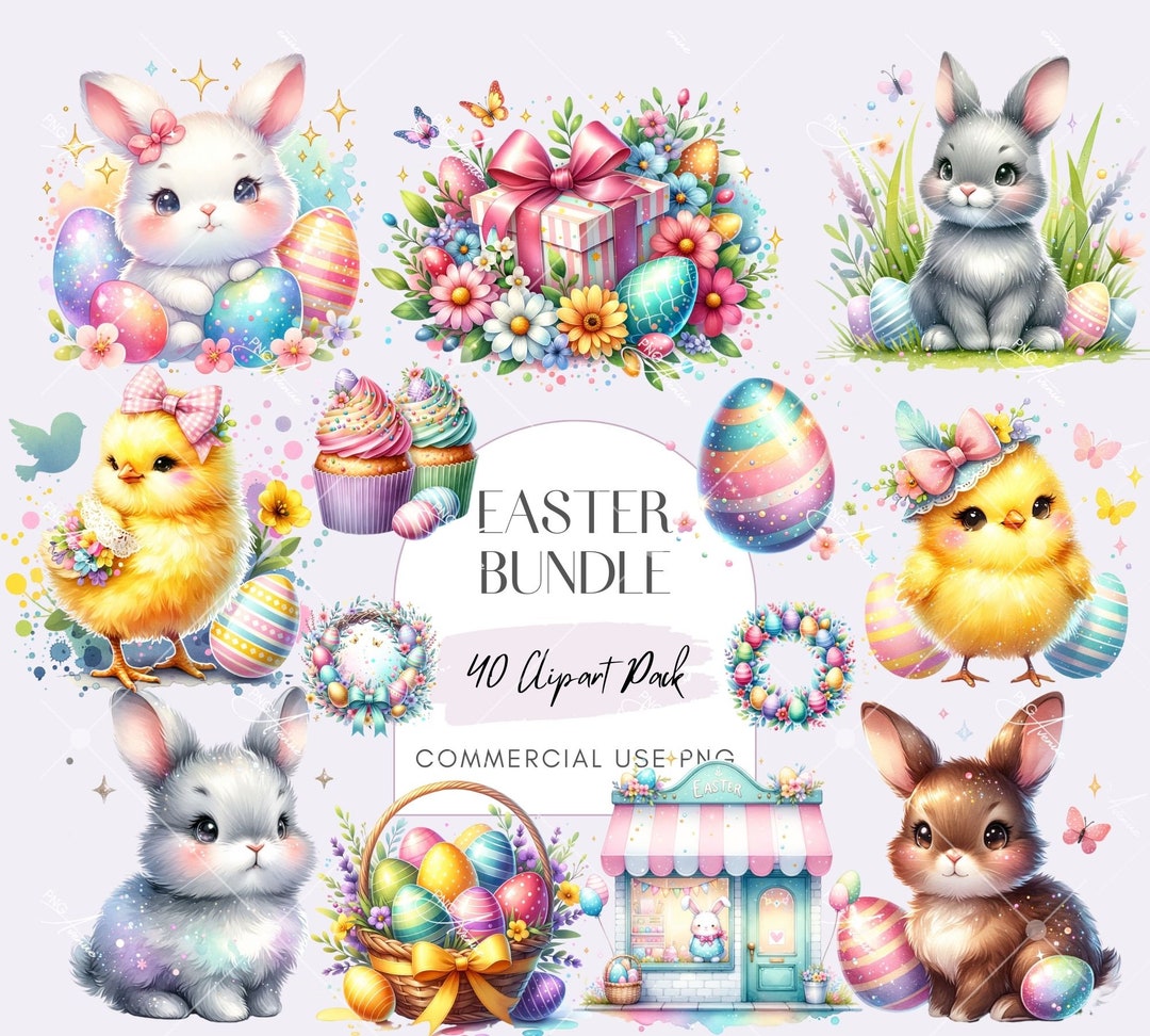 Easter Bundle Clipart, Cute Bunnies, Easter Egg Basket, Decorative ...