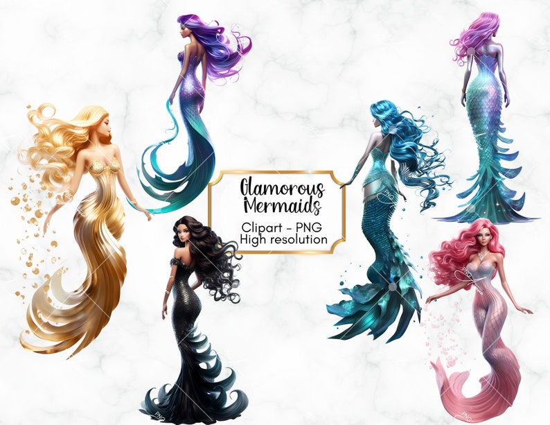 Glamorous Mermaids Clipart, PNG Files, Beautiful Mermaids, PNG Digital ...