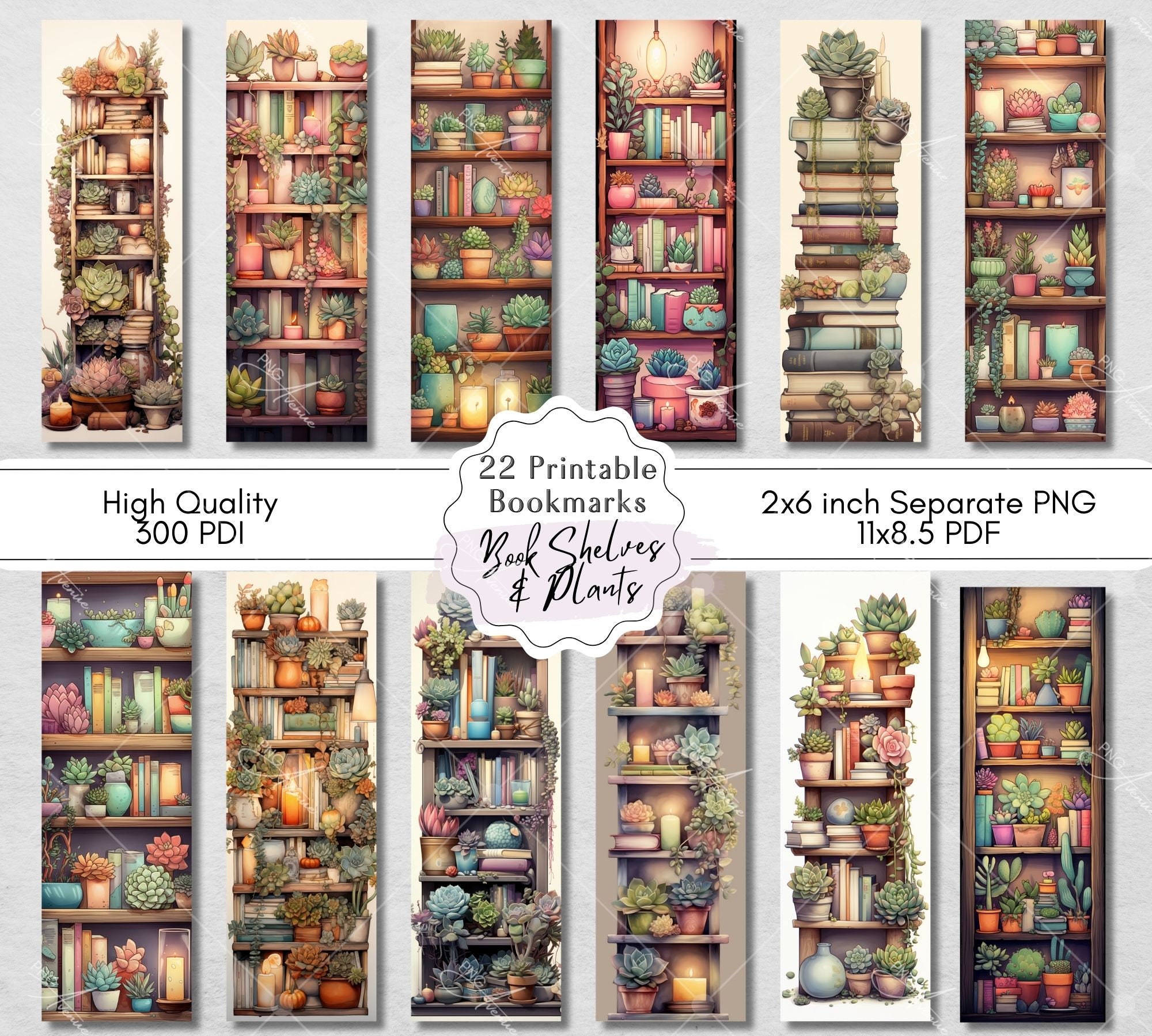 Book Shelves & Plants Printable Bookmarks, Book Lovers Designs, Digital ...