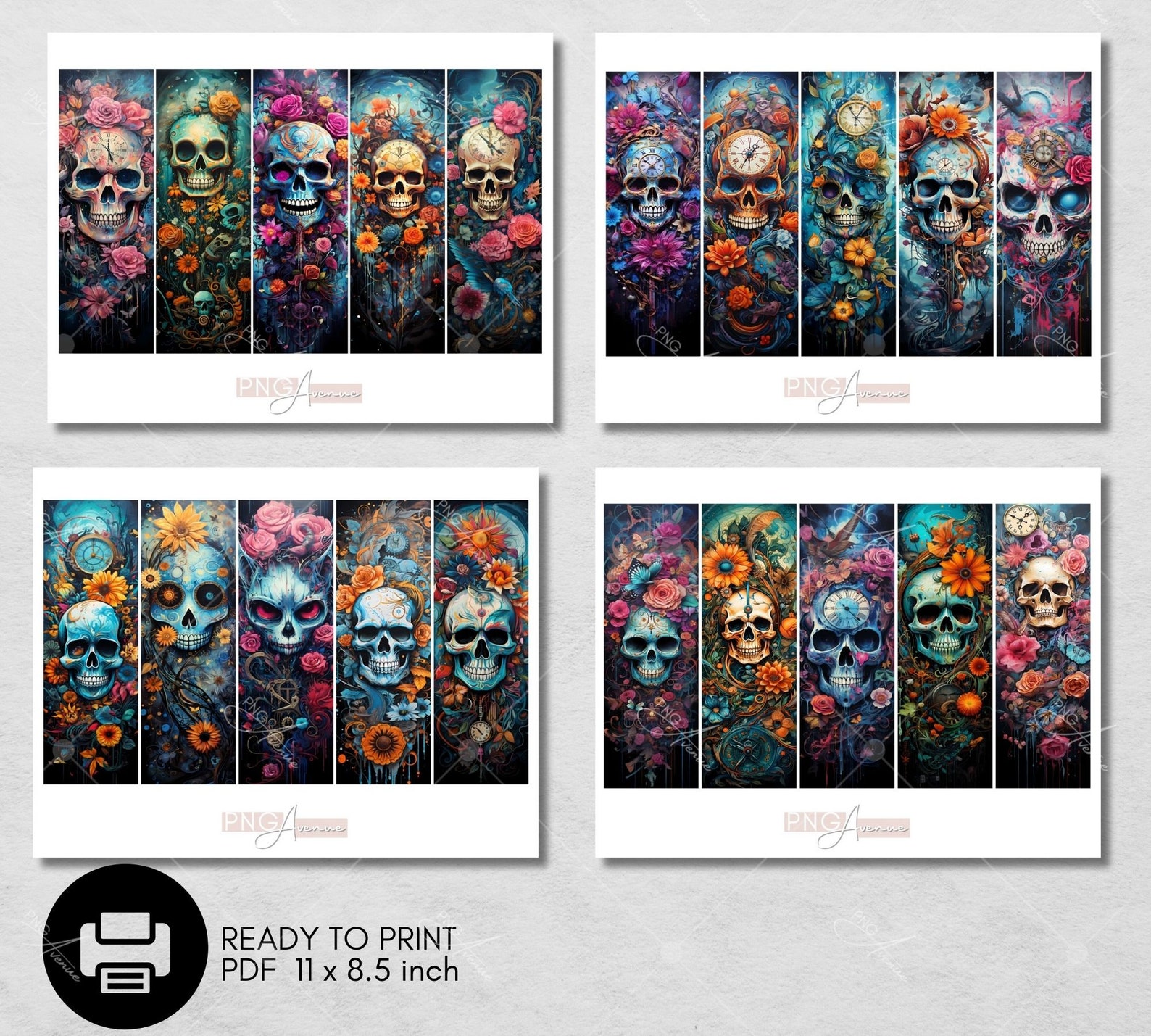 20 Vibrant Skull Printable Bookmarks, Cute Gothic Designs, Digital ...