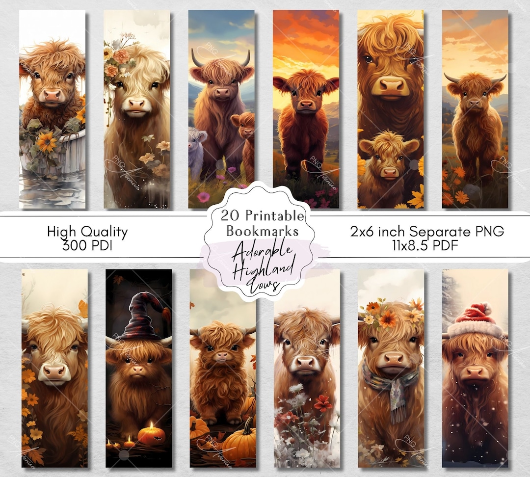 Adorable Highland Cow Printable Bookmarks, 20 Cute Designs, Digital ...