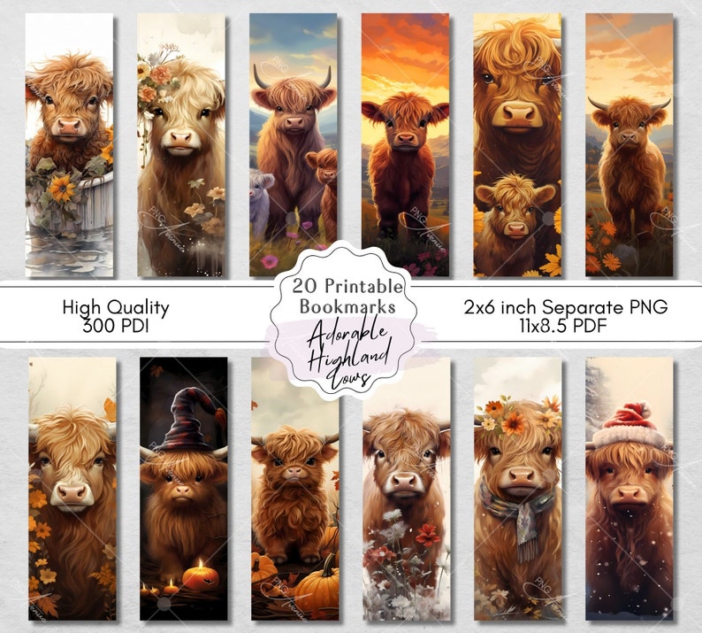 Adorable Highland Cow Printable Bookmarks, 20 Cute Designs, Digital ...